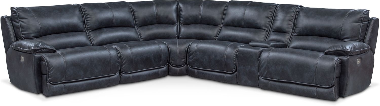 Mario 6 Piece Dual Power Reclining Sectional with 3 Reclining Seats Navy American Signature Furniture